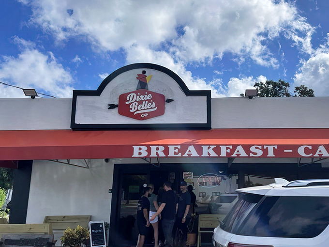 The iconic Dixie Belle's Cafe storefront beckons with its cheerful red awning and promise of breakfast bliss. Like finding a $20 bill in your winter coat pocket – unexpected joy awaits.