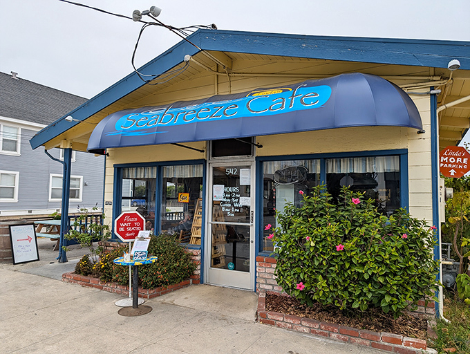 The little blue building with the big breakfast reputation. Linda's Seabreeze Café's charming exterior promises morning magic just steps from the Santa Cruz shore.