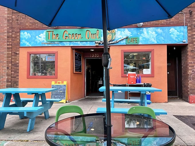 The vibrant orange facade and turquoise picnic tables aren't just eye-catching—they're nature's way of saying "good food happens here." Wisconsin's plant-based paradise awaits.
