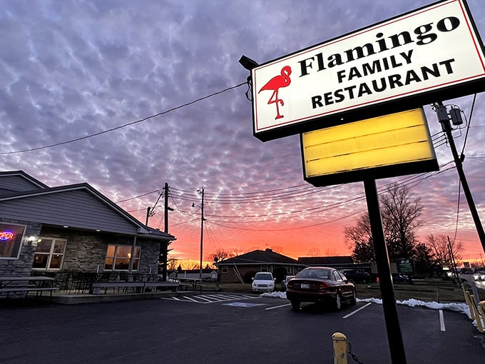 The Flamingo's iconic sign against a Pennsylvania sunset – where breakfast dreams and dinner wishes come true in equal measure.