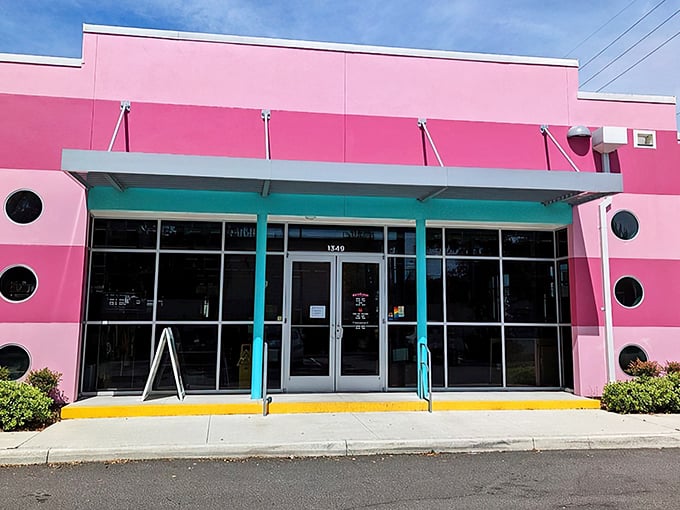 This pink palace of bargain hunting stands out like a flamingo in a sea of beige shops, calling shoppers inside to discover treasures they didn’t know they needed.
