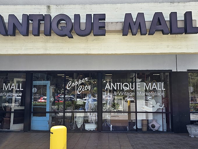 The mint-green facade with its bold "ANTIQUE MALL" signage promises treasures within – like a time machine disguised as a Florida strip mall.
