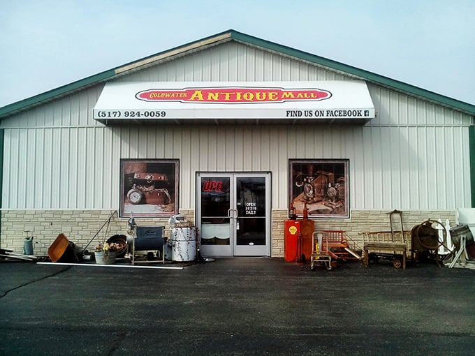 The unassuming exterior of Coldwater Antique Mall belies the treasure trove within. Like finding a pearl in an oyster, the adventure begins here.