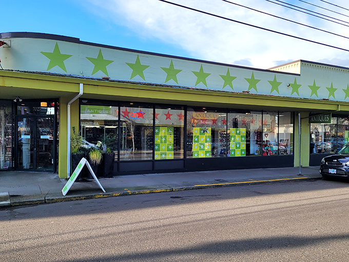 The lime green facade with its parade of stars isn't just eye-catching—it's practically screaming "treasures inside!" like a carnival barker with impeccable taste.