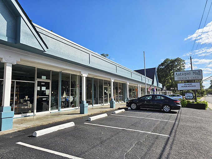 The distinctive blue exterior of Terrace Oaks Antique Mall beckons treasure hunters with the promise of discoveries waiting just beyond those glass doors.
