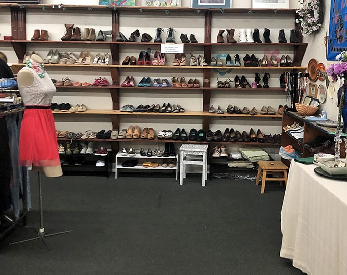 The shoe section at St. Vincent de Paul – where Cinderella could find her perfect pair without emptying her pumpkin carriage.
