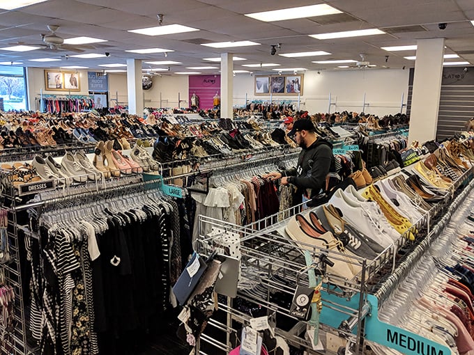Row after row of shoes and racks of clothes stretch out like a thrift lover’s paradise—where hidden gems wait to turn budget finds into runway-ready looks.