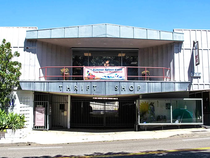 The mid-century façade of Laguna's best-kept secret stands proudly with its "THRIFT SHOP" signage – architectural proof that treasures don't need flashy packaging.