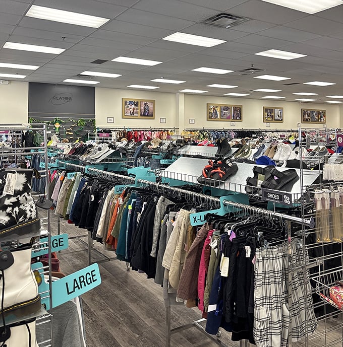 Organization is key at Plato's Closet, with clear size markers guiding you through the fashion forest of possibilities.