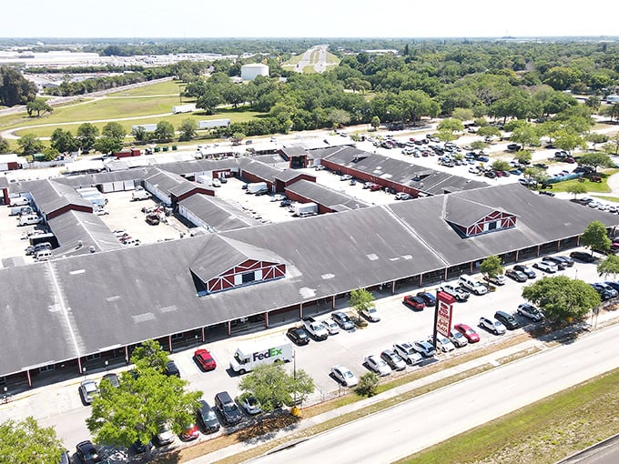 From above, the sprawling Red Barn complex reveals its impressive scale—a bargain city unto itself in Bradenton's sunny landscape.