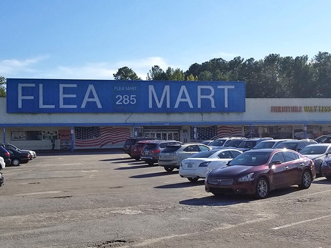 The unassuming exterior of 285 Flea Mart belies the treasure trove within. Like a retail speakeasy, it keeps its secrets hidden behind a modest blue facade.