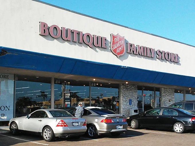 The iconic blue trim and bold lettering of the Salvation Army Boutique Family Store beckons bargain hunters like a retail lighthouse on Sports Arena Boulevard.