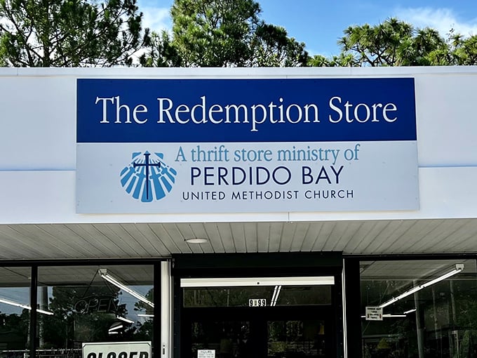The welcoming blue sign of The Redemption Store promises treasure hunting adventures within. A ministry that turns shopping into an act of community support.