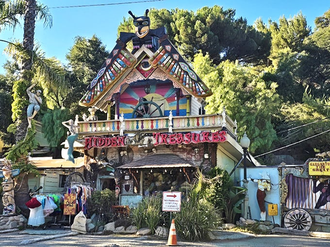 From another angle, the shop reveals its full whimsical glory—part pirate ship, part carnival, all magic against the lush Topanga hillside.
