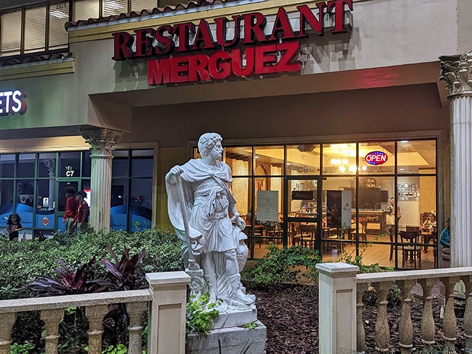 The Mediterranean-inspired façade of Merguez Restaurant stands out in Orlando like a delicious mirage, complete with classical columns and a welcoming stone balustrade.