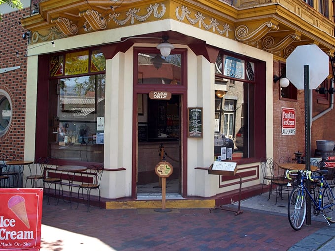 That corner storefront whispers sweet promises of frozen delights and time-travel adventures in Old City Philadelphia.