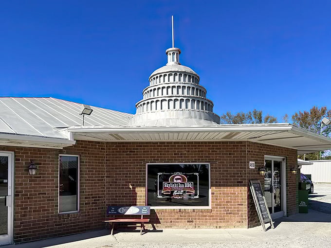 That silver dome isn't compensating for anything—it's announcing to the world that barbecue royalty resides in this humble brick building in Ayden.