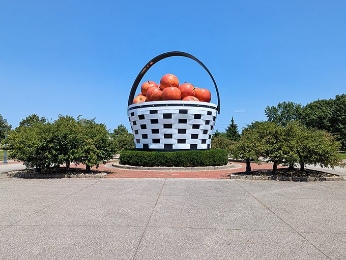 The World's Largest Apple Basket stands proudly against a brilliant blue Ohio sky, making ordinary picnic baskets feel woefully inadequate by comparison.