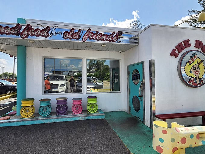 Like a 1950s diner that collided with a rainbow, The Poky Dot's exterior makes passing motorists do double-takes and U-turns on Fairmont's busy streets.