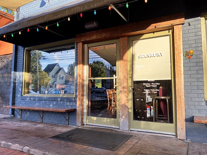 The unassuming blue facade with colorful string lights is like that quiet friend who turns out to be the life of the party. Stanbury's exterior promises culinary adventures within.