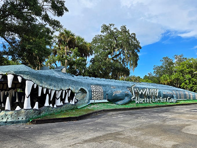 The ultimate Florida greeting committee: a 200-foot concrete alligator whose gaping jaws serve as the park's entrance. Talk about making a first impression!