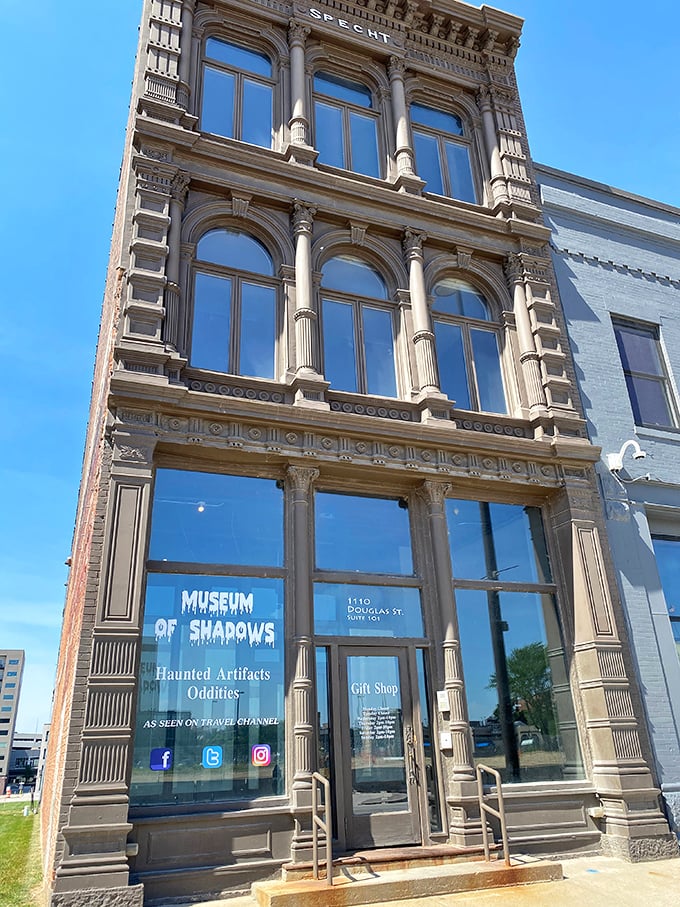 The historic Specht Building in downtown Omaha houses the Museum of Shadows, its ornate façade giving little hint of the eerie treasures within.