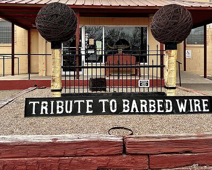 The entrance to the Devil's Rope Museum makes its intentions clear with massive barbed wire spheres standing guard like prickly sentinels of western history.