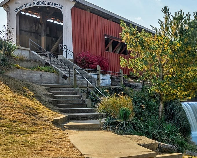 The iconic white and red Bridgeton Bridge welcomes visitors with its charming "Cross This Bridge At A Walk" instruction—advice worth heeding to savor every historic step. 