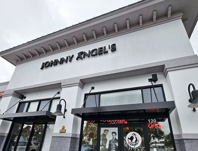 Johnny Angel's exterior stands like a beacon of breakfast hope, its clean white façade promising retro delights within those Jacksonville walls.