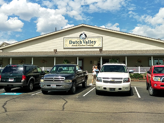 The unassuming exterior of Dutch Valley Restaurant—where calories don't count and elastic waistbands are highly recommended.