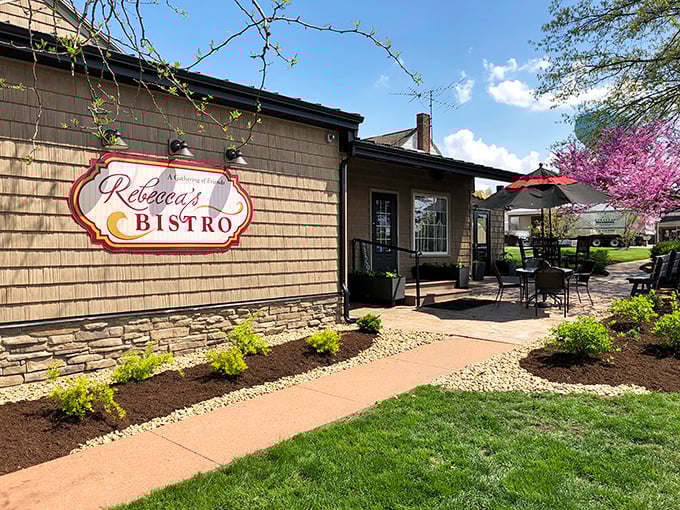 Rebecca's Bistro welcomes visitors with its charming exterior, where Amish Country tranquility meets culinary excellence in Walnut Creek.