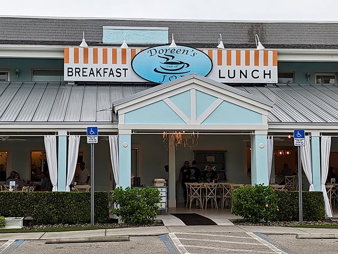 That turquoise and orange striped exterior isn't just decoration – it's a breakfast beacon calling hungry souls home.