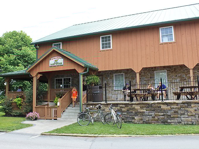 The rustic charm of Lapp Valley Farm's exterior welcomes ice cream pilgrims with its wooden porch and stone foundation—Pennsylvania farm life at its sweetest.