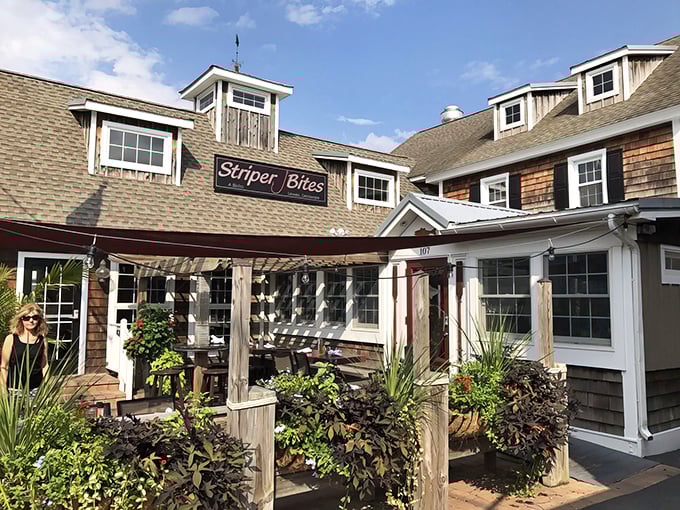 Cedar shingles, fresh flowers, and a welcoming porch – Striper Bites looks like the coastal grandma aesthetic came to life and opened a restaurant.