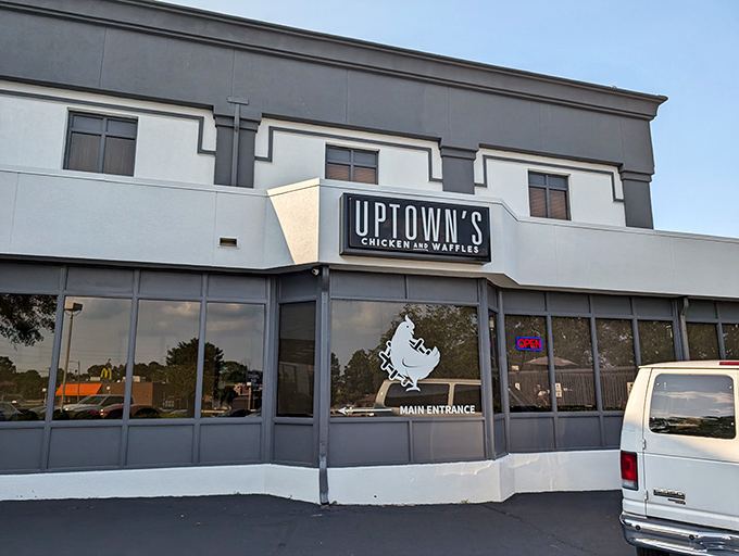 The unassuming exterior of Uptown's Chicken and Waffles stands like a culinary speakeasy—modest on the outside, magical on the inside.