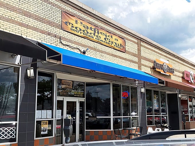 The second location sports a bright blue awning, standing out among strip mall neighbors like a beacon for hungry travelers.