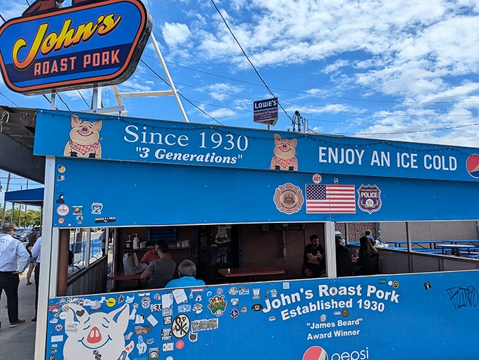 The blue sanctuary of sandwich perfection announces itself with a cheerful pig mascot. John's Roast Pork has been making Philadelphians smile since long before Instagram food pics.