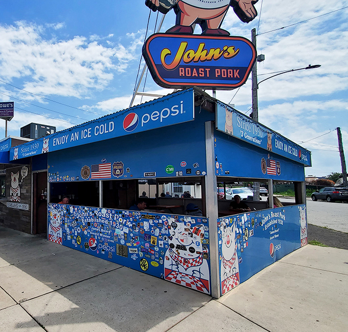 That cheerful pig mascot isn't just decoration – it's practically guaranteeing the sandwich magic happening below.