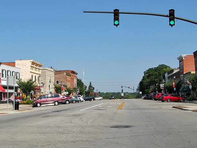 Green lights on Louisiana Avenue invite you to explore Perrysburg's charming downtown, where historic buildings house vibrant local businesses.