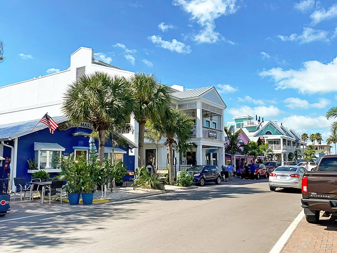 Pine Avenue dazzles with its colorful storefronts and Old Florida charm – Main Street USA with a tropical twist.