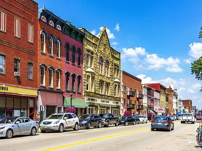 Historic storefronts along Second Avenue showcase Gallipolis' preserved architectural charm, where the iconic G.C. Murphy Co. sign stands as a nostalgic sentinel of simpler times.