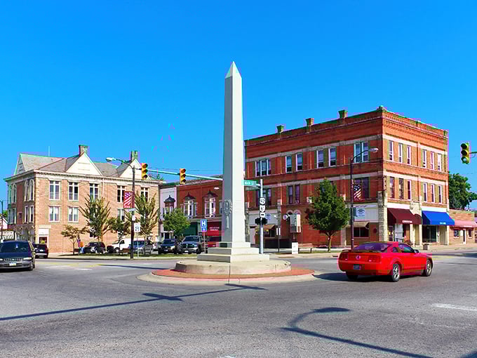 Mount Gilead's town square anchored by its iconic white obelisk—like Washington Monument's country cousin who opted for the simple life.