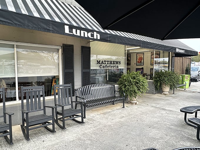 The unassuming exterior of Matthews Cafeteria beckons with rocking chairs that practically whisper, "Slow down, sugar. Good things come to those who wait."