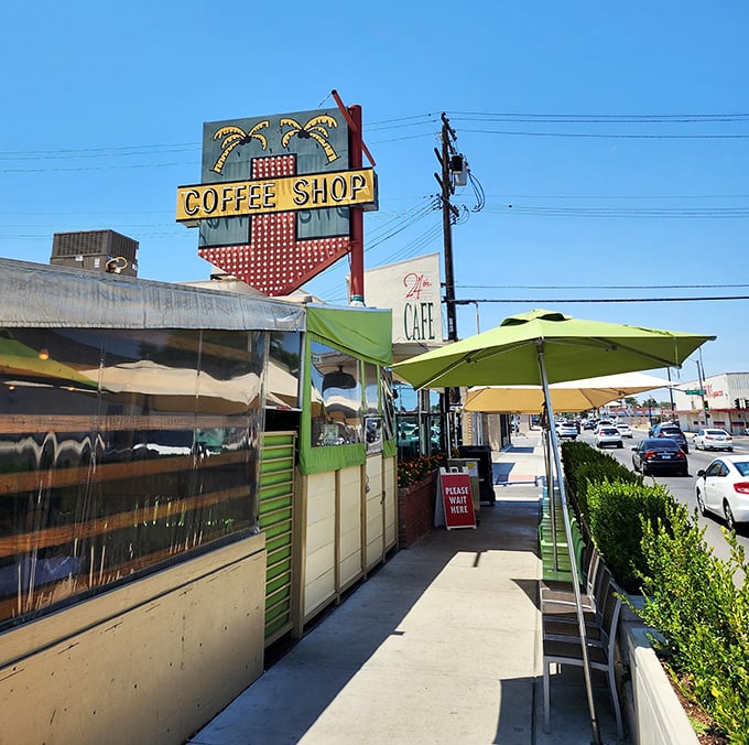 That vintage neon sign isn't just advertising—it's practically issuing a breakfast invitation you can't refuse.