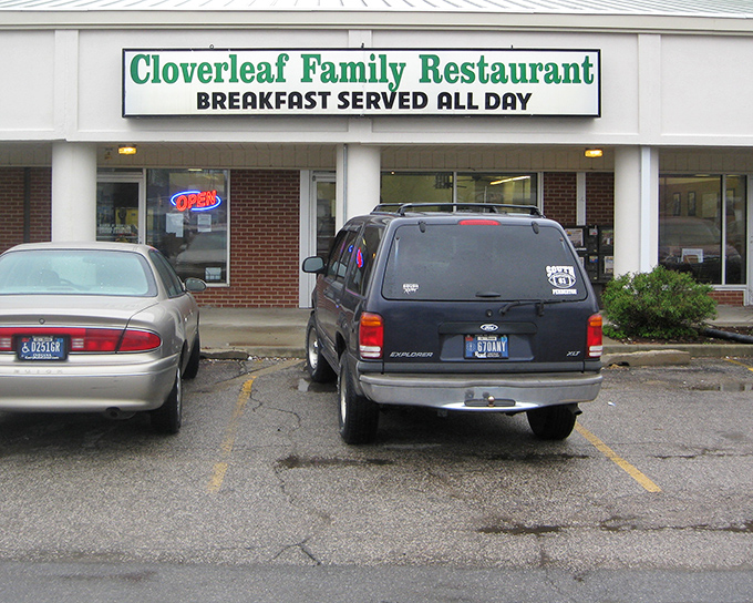 The unassuming storefront of Cloverleaf Family Restaurant promises what every great diner should: "BREAKFAST SERVED ALL DAY" – the five most beautiful words in the English language.