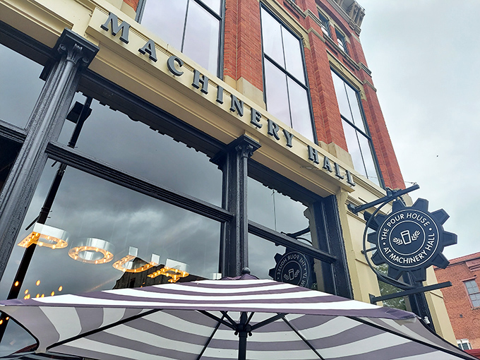 The historic façade of Machinery Hall stands proudly in downtown Chillicothe, its industrial-chic signage promising culinary adventures within those brick walls.