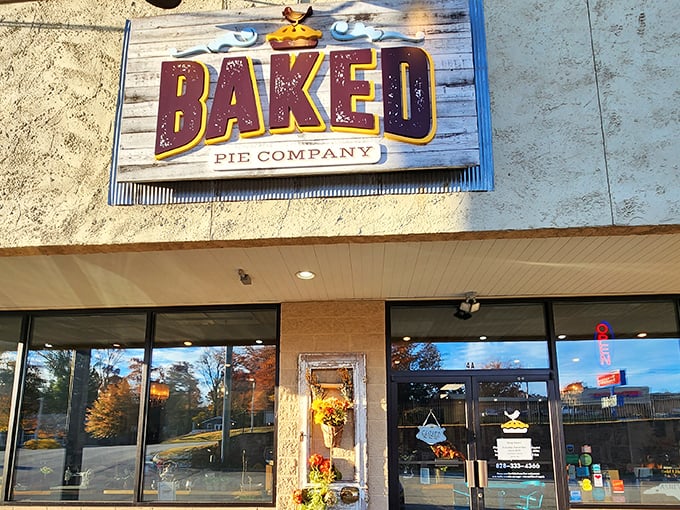 The rustic charm of Baked Pie Company's storefront beckons like a siren song to dessert lovers. This unassuming exterior hides a wonderland of pastry perfection.