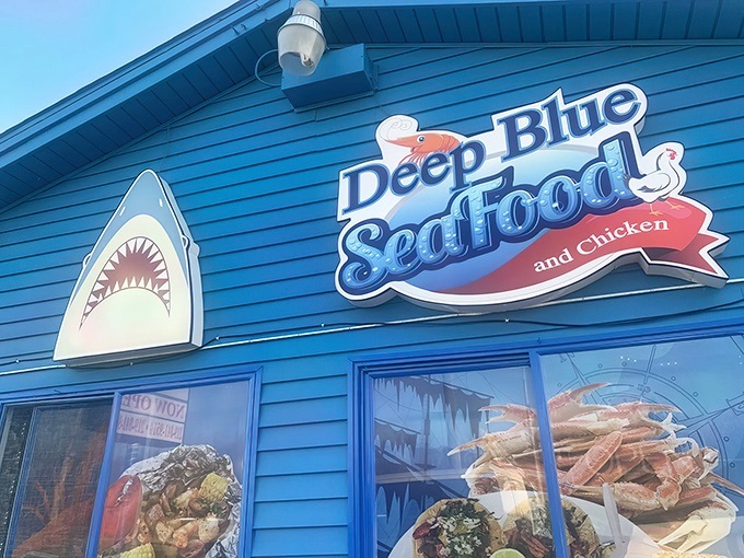 The bright blue exterior of Deep Blue Seafood stands out like a maritime beacon in Portage, Indiana—proof that great seafood doesn't require an ocean view.