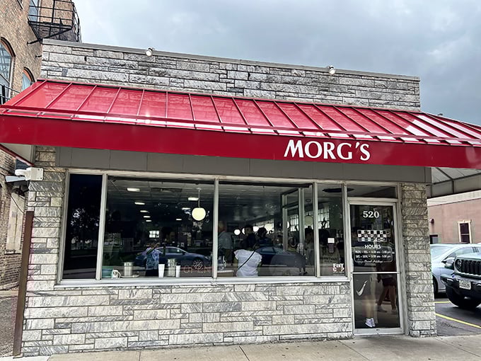 The bright "MORG'S" sign stands out like a beacon of hope for the breakfast-deprived, promising salvation in the form of perfectly cooked eggs and bottomless coffee.