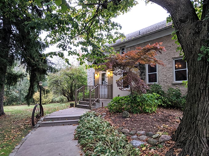 Nature frames The Farmstead perfectly, where the stone building and wooden steps whisper promises of comfort food that delivers on every level.
